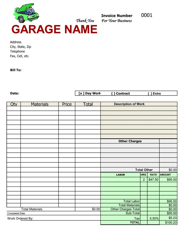 Garage Invoice Template Invoice Example